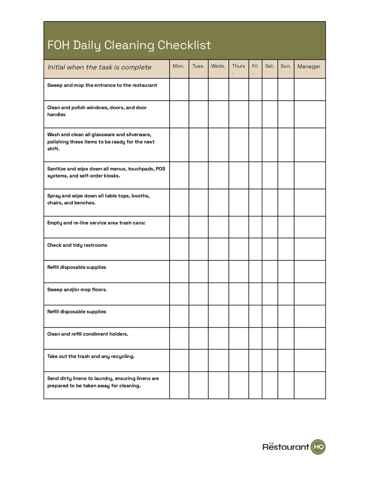 Restaurant cleaning checklist