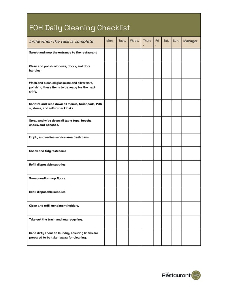 Restaurant cleaning checklist